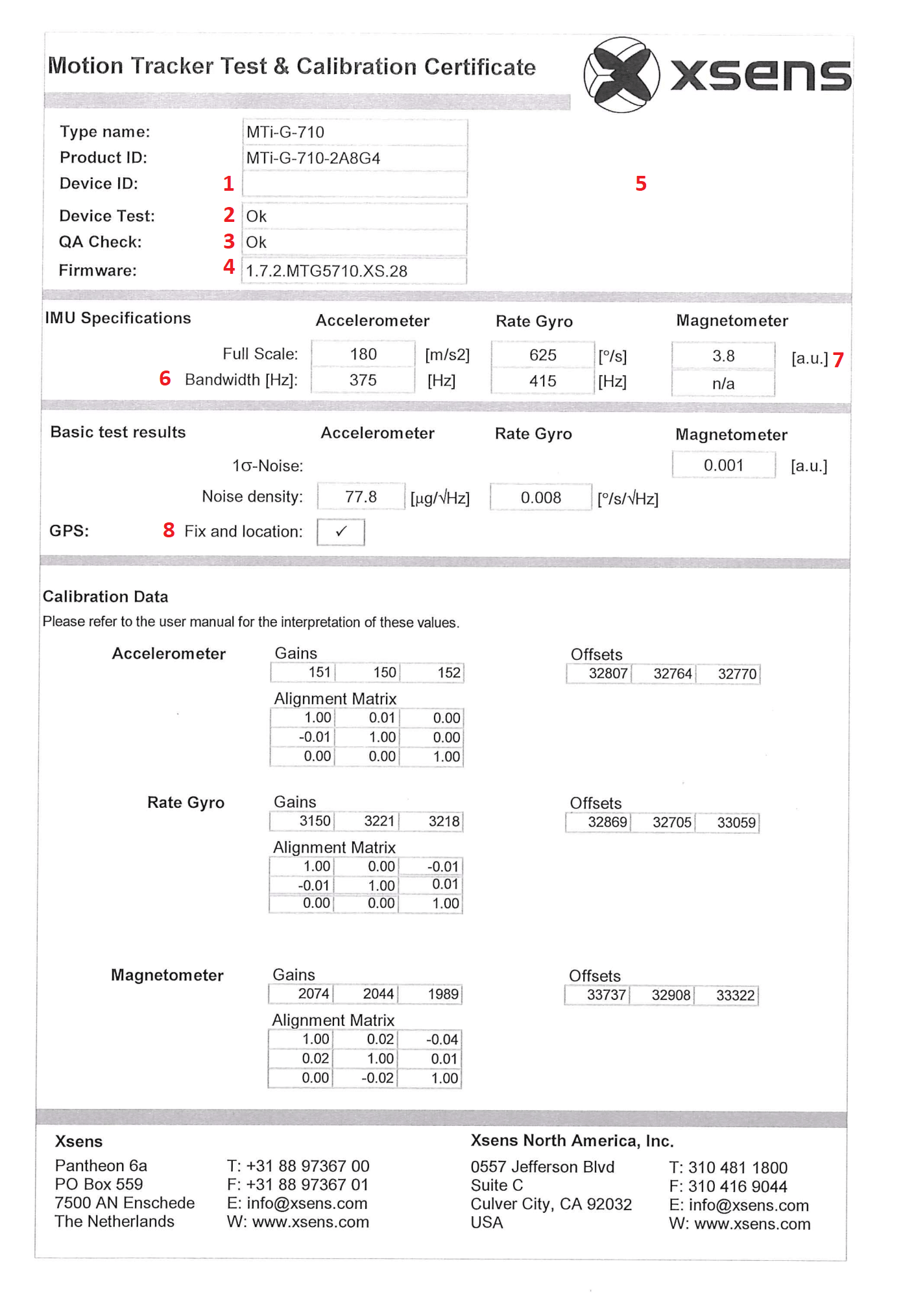 MTi Test and Calibration values explained