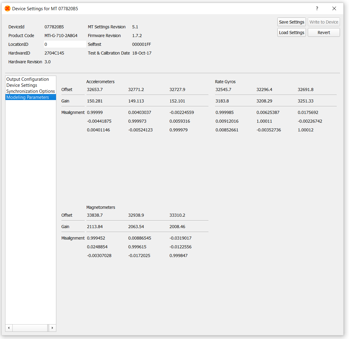 MTi Test and Calibration values explained